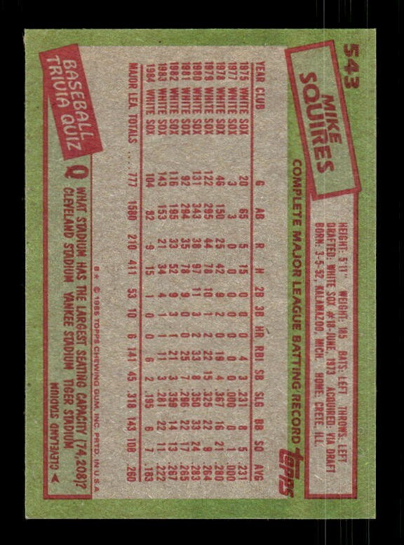 MIKE SQUIRES SIGNED 1985 TOPPS #543 - ON-CARD AUTOGRAPH - CHICAGO WHITE ...