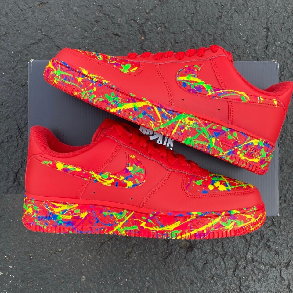 Nike Air Force 1 Custom Triple Red Multi Color Neon Splatter Shoes Mens ...