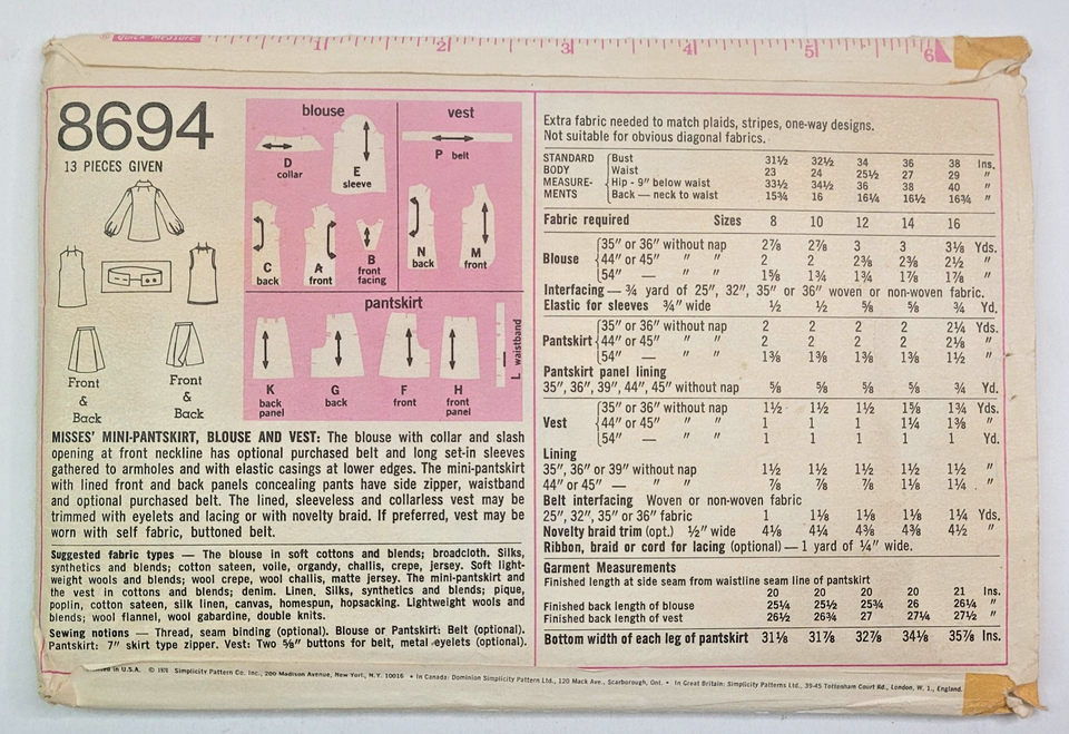 VTG 70s Simplicity Sew Pattern 8694 Misses Mini Skort Blouse Vest Size ...