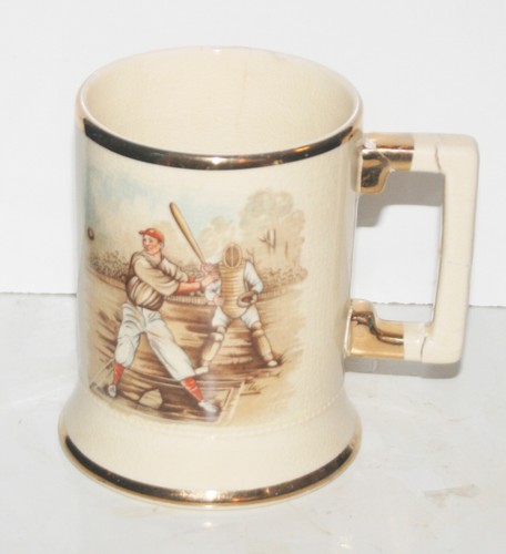BASEBALL COFFEE MUG CUP CERAMIC VINTAGE OLD PLAYERS GOLD TRIM TURN OF ...
