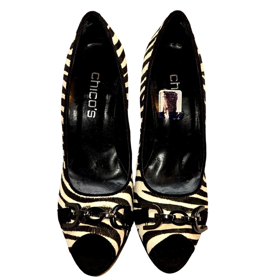 Chico's Shoes 7.5 Zebra Print Buckles Platform Open Toe High Heel Pump ...