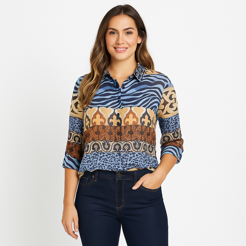 CSC STUDIO L Blue Brown Gold Black Exotic Print Peter Pan Collar Button ...
