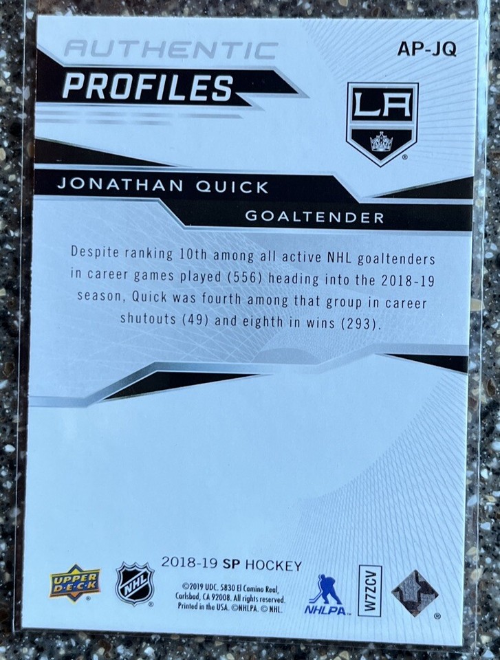 2018-19 SP Authentic Profiles Blue #APJQ Jonathan Quick LA Kings A653 ...