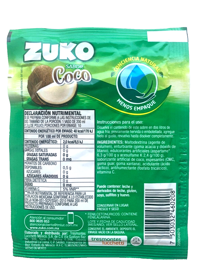 12-Pk ZUKO Coco/ Coconut ZUKO Powder Drink Flavor 13g/.45oz | eBay