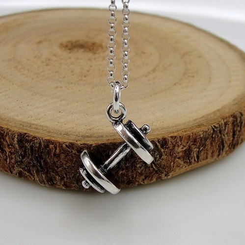 925 Sterling Silver Barbell Necklace - Dumbbell Charm - Weight Lifting ...