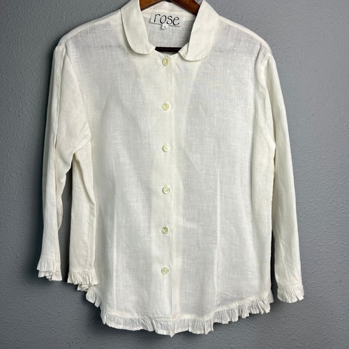 Rose Linen Blouse Ruffle Trim Peter Pan Collar Romantic Cottagecore Top ...