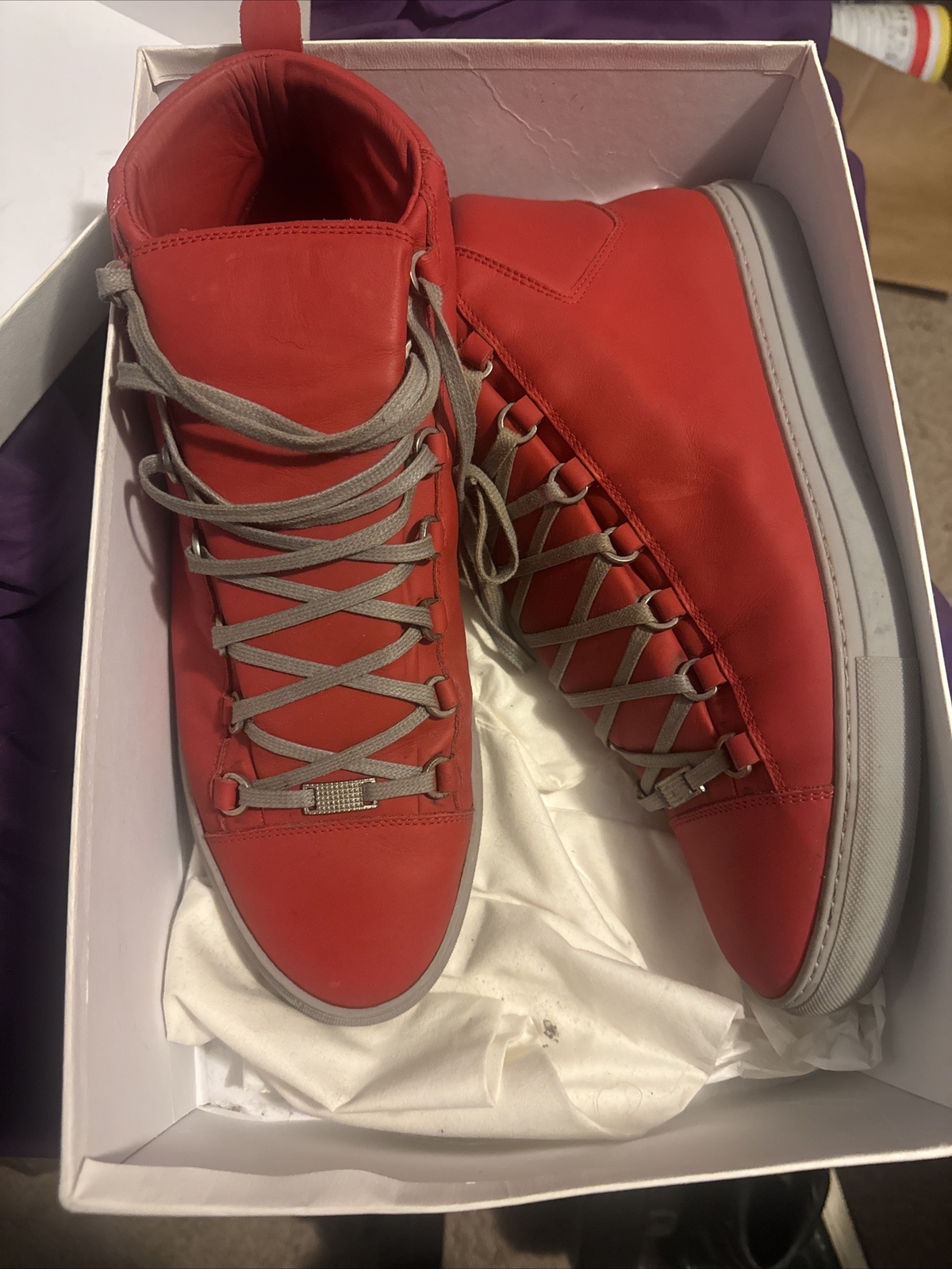 Balenciaga Arena High Top Men's Sneakers - Red Leathe… - Gem