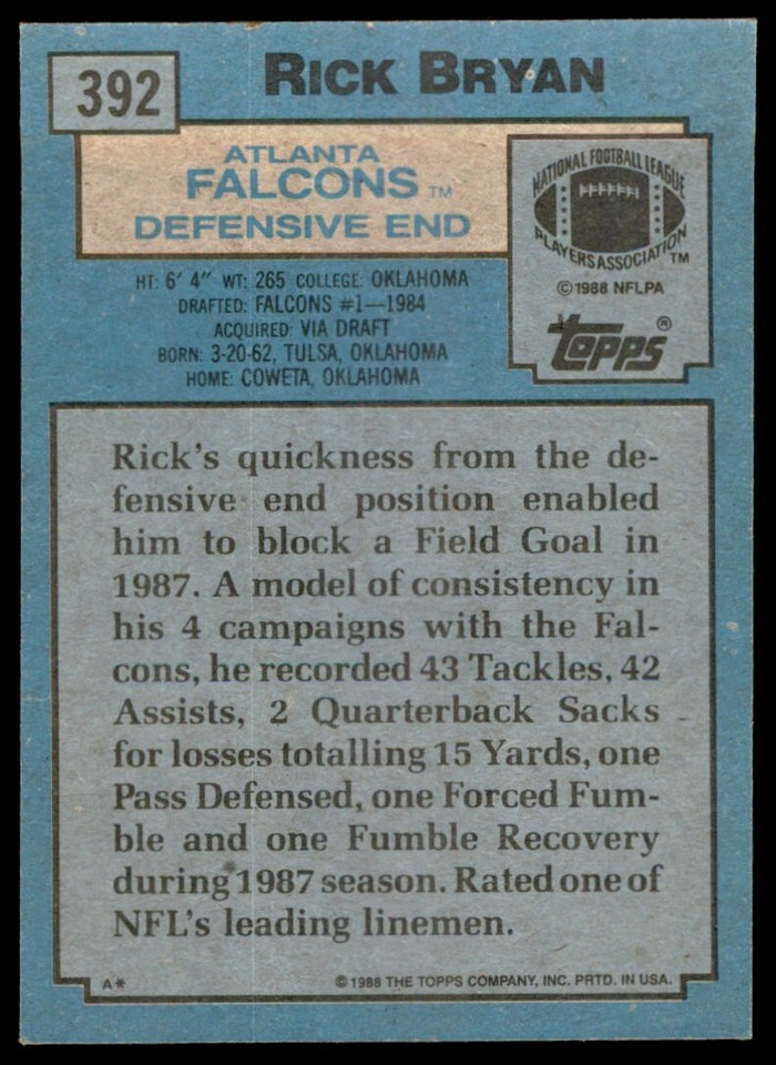 1988 Topps Rick Bryan . Atlanta Falcons #392 | eBay