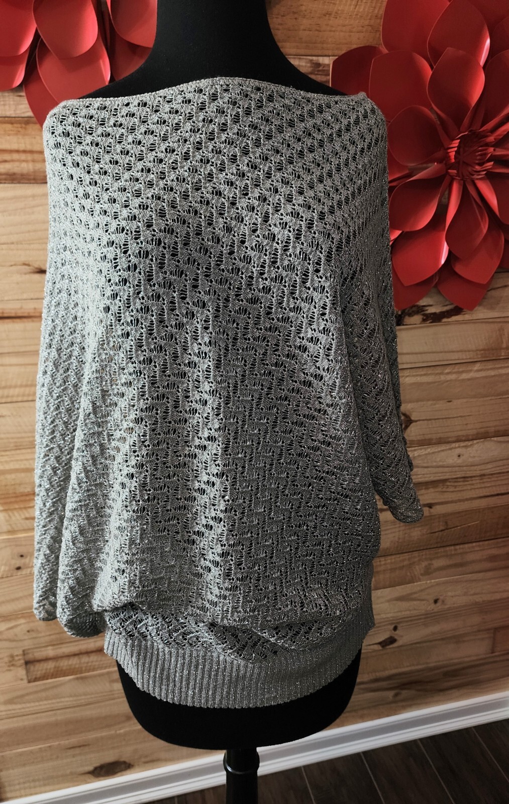 212 New York Crochet Open Weave Spring Sweater Short Sleeve Sparkly ...