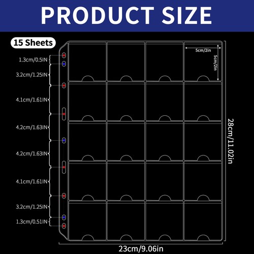 15 Sheets Coin Pocket Pages - 5X5Cm(2X2) 20 Pockets Standard 9-Hole ...