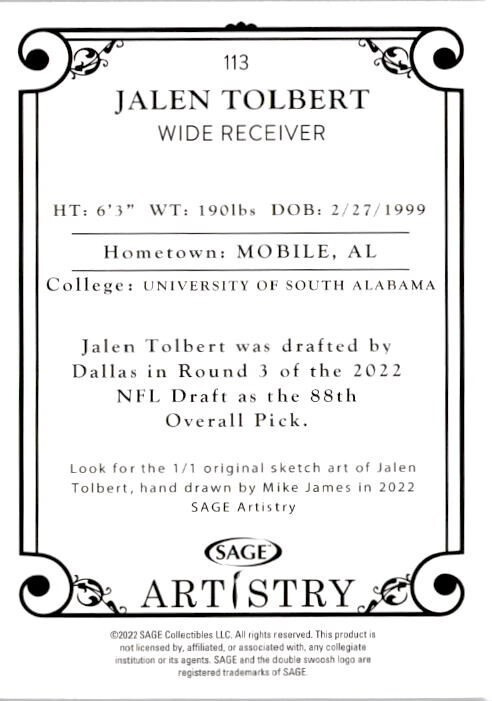 2022 Sage Artistry Silver #113 Jalen Tolbert - Dallas Cowboys | eBay