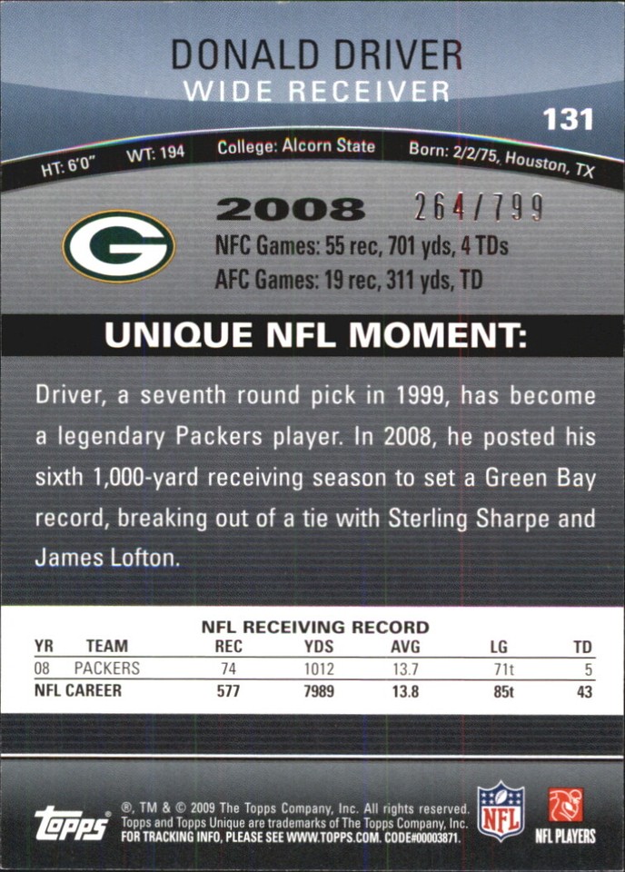 2009 Topps Unique Red #131 Donald Driver Card /799 | eBay