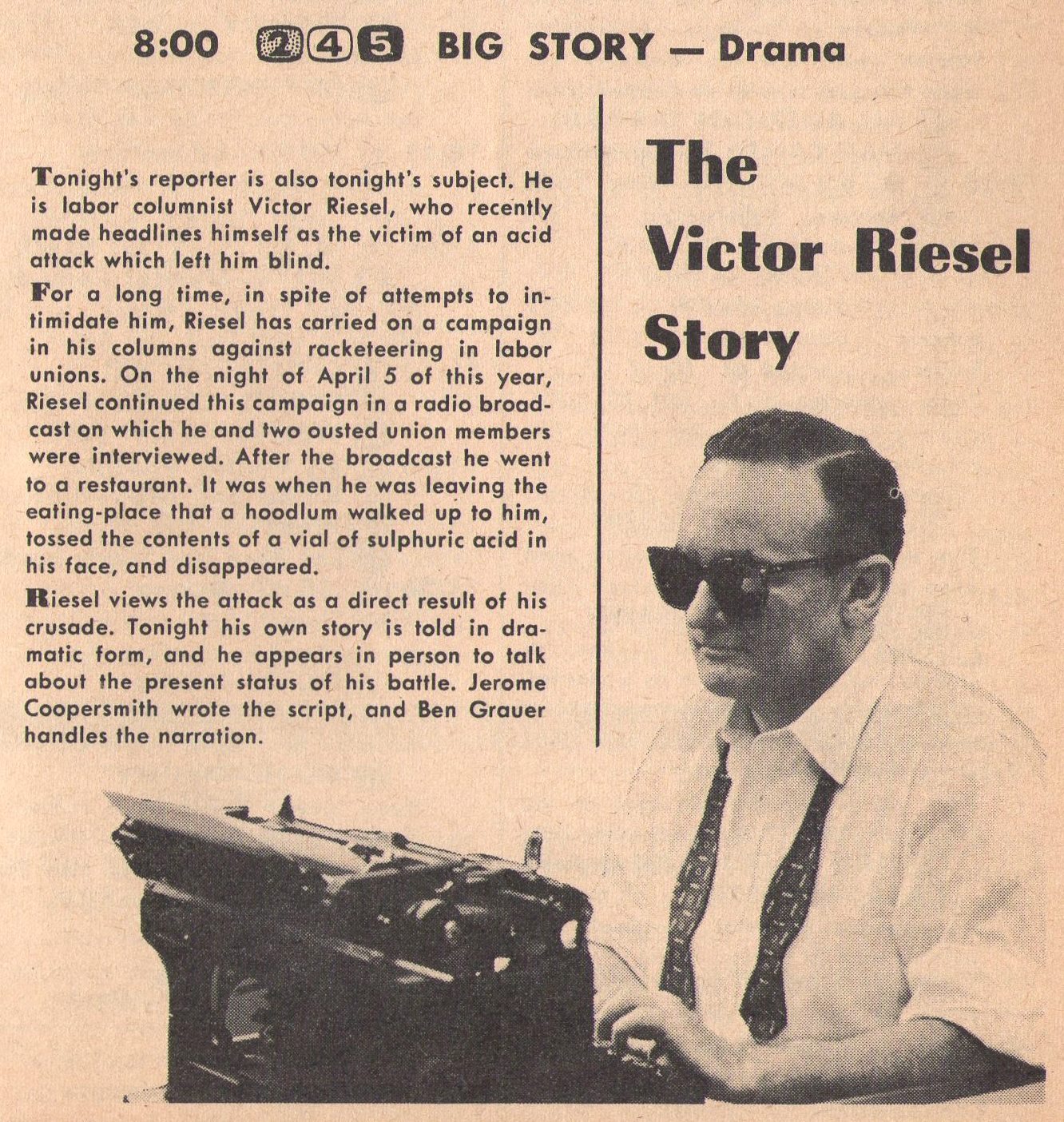 1956 TV AD/VICTOR RIESEL STORY/BLIND LABOR COLUMNIST/RACKETEERING ...