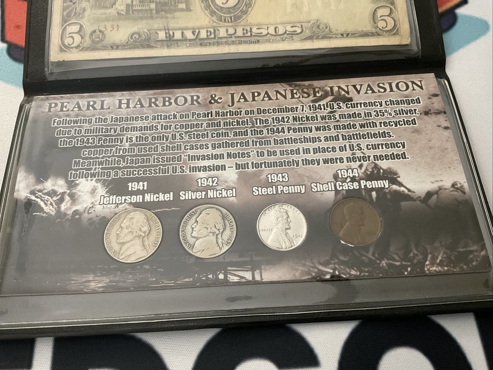 Pearl Harbor & Japanese Invasion Set WWII Issued Coins $5 Peso Shell ...