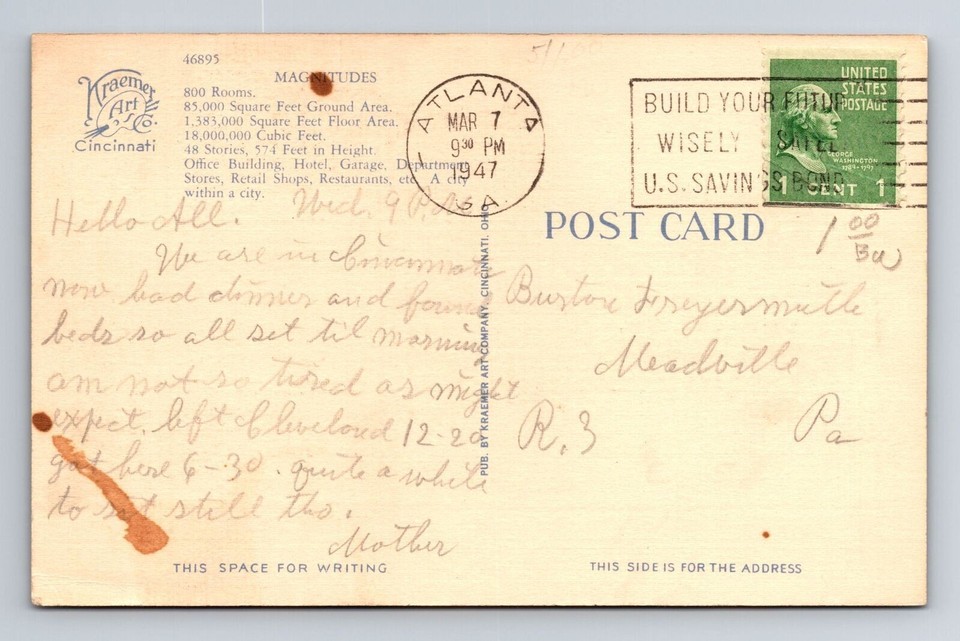 Cincinnati OH-Ohio, Panoramic View Carew Tower, Antique Vintage c1947 ...