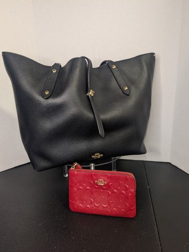 COACH #58849 Pebble Leather Market Tote - Black Ext Red Int + BONUS ...