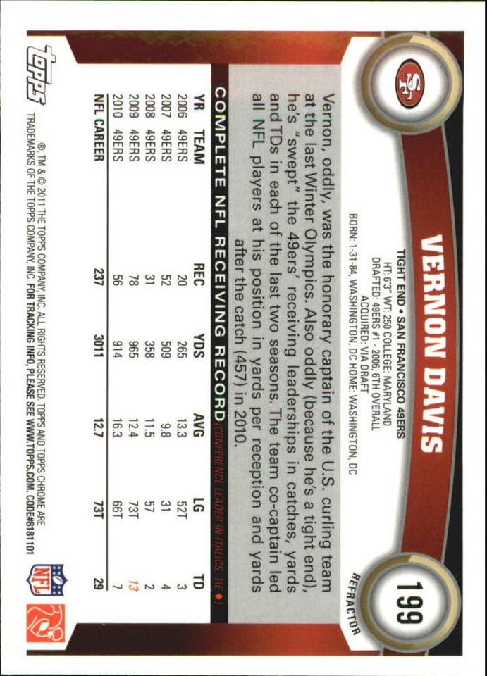 2011 Topps Chrome Orange Refractors 49ers Football Card #199 Vernon ...