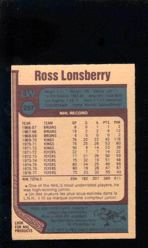 1977-78 O-PEE-CHEE HOCKEY CARD ROSS LONSBERRY #257 EX-EX/MT FLYERS | eBay