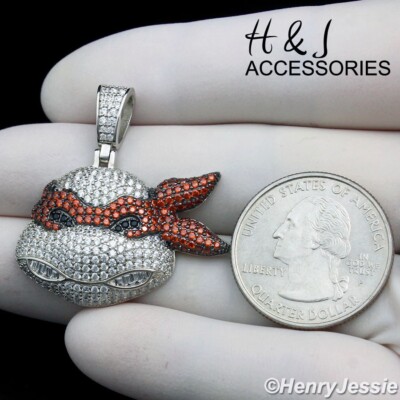 925 STERLING SILVER ICY CZ TEENAGE MUTANT NINJA SILVER/RED 3D TURTLE ...