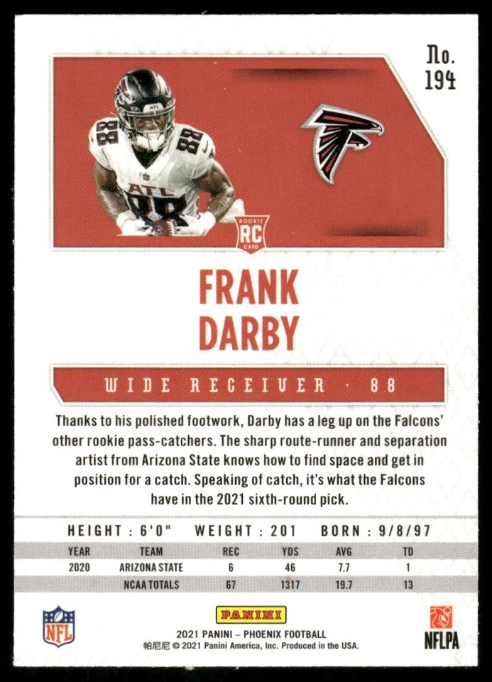 2021 Panini Phoenix Frank Darby Rookie Atlanta Falcons #194 Fire Burst ...