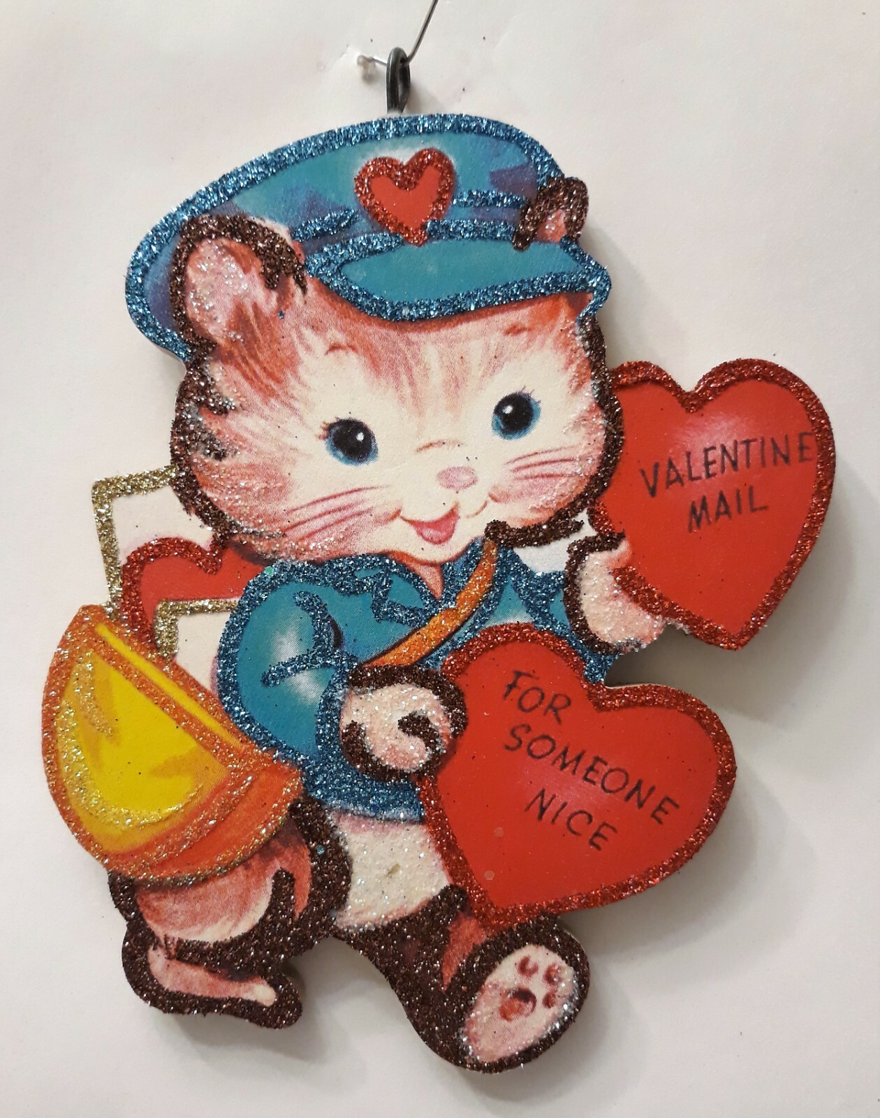 MAILMAN CAT w HEARTS for SOMEONE NICE * Glitter VALENTINE ORNAMENT ...