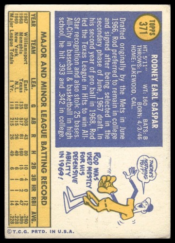1970 Topps Rod Gaspar #371 Rookie New York Mets RC - Free Shipping | eBay