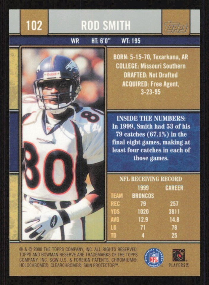 2000 Bowman Reserve ROD SMITH Football card DENVER BRONCOS #102 | eBay