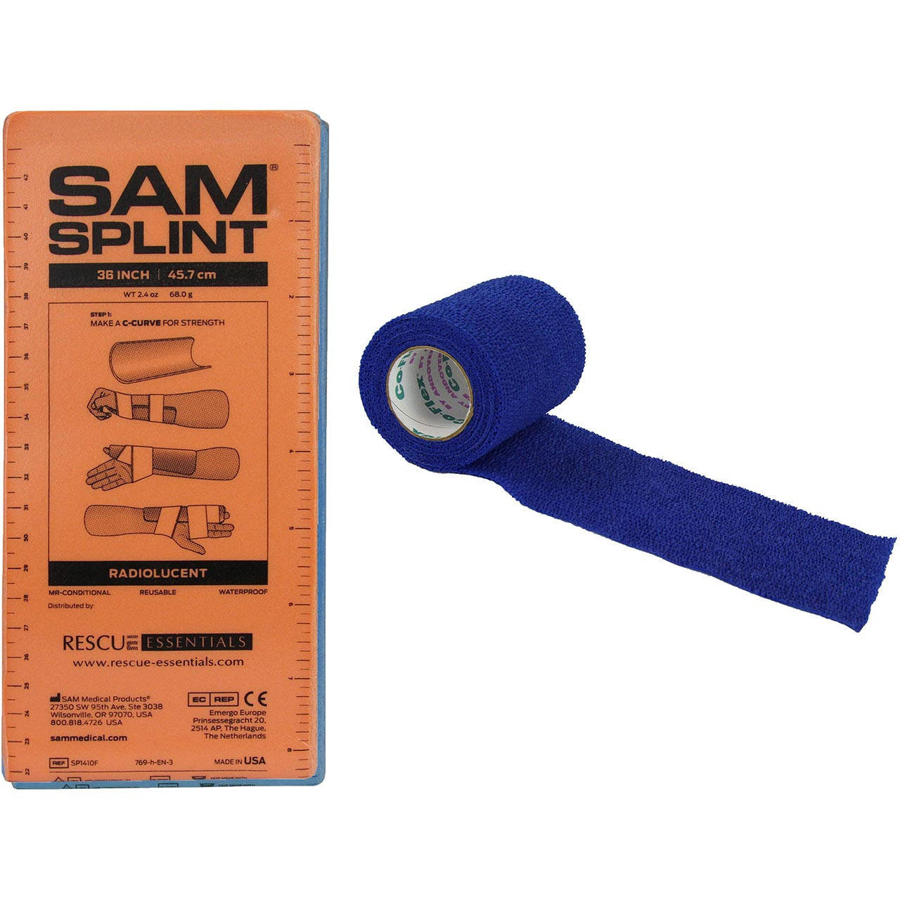 SAM Splint Combo Pack (36" Orange/Blue Flat Splint & Blue Cohesive Wrap ...