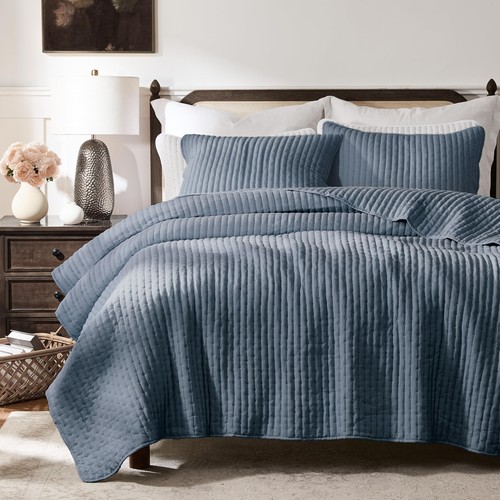 Blue Cross Stitch King Size Quilt Set, Striped Lightweight Soft ...