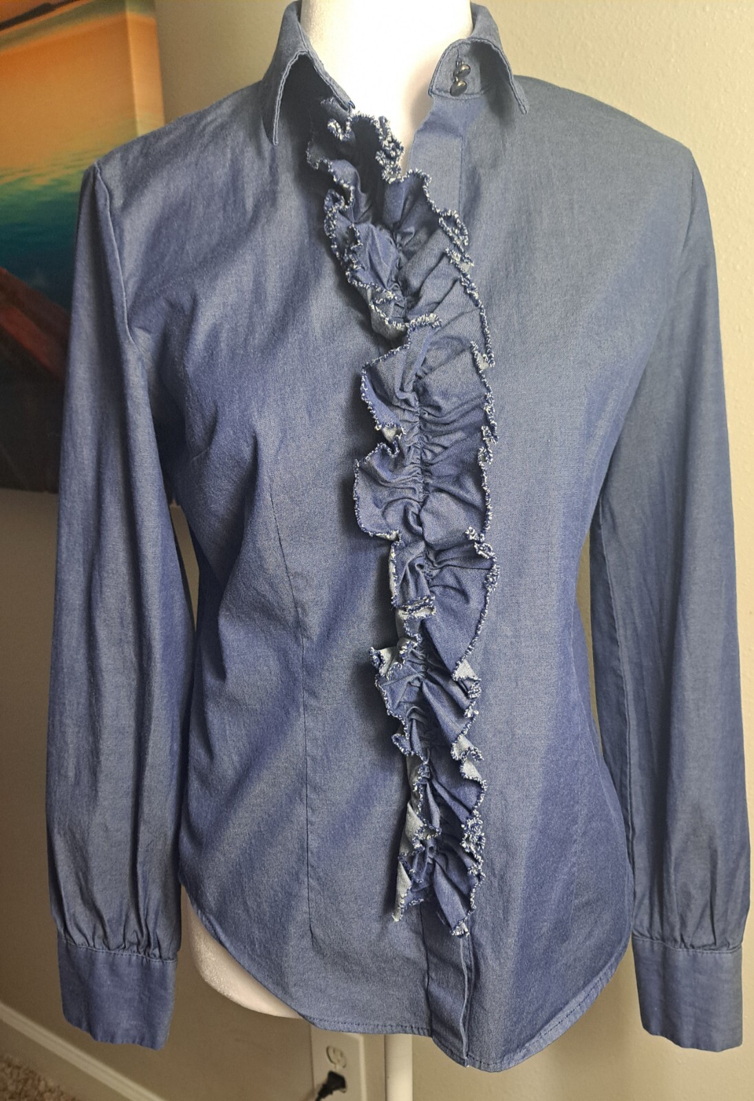 New York & Company Ruffle Shirt Womens Medium Long Sleeve Button Up ...