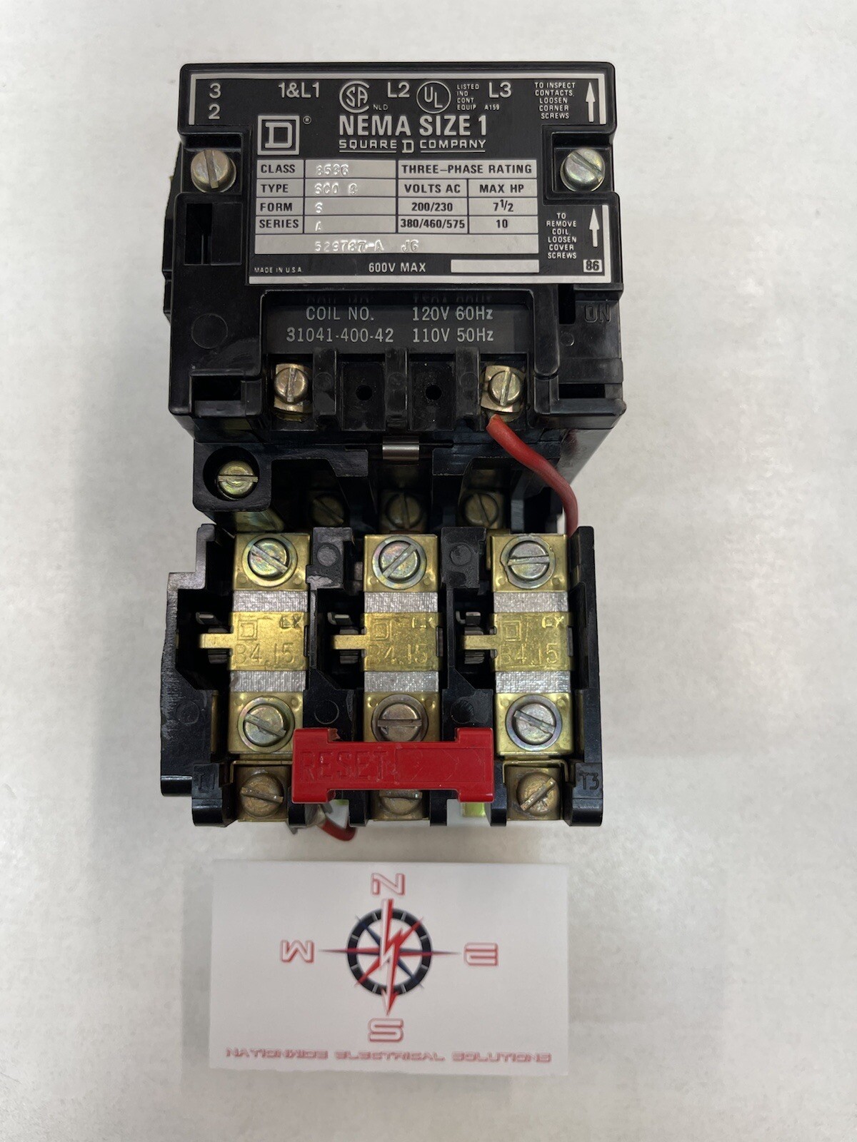 Square D 8536-SC03-S-A NEMA Size 1 Starter Ser. A 10HP 600V w/ 120V ...