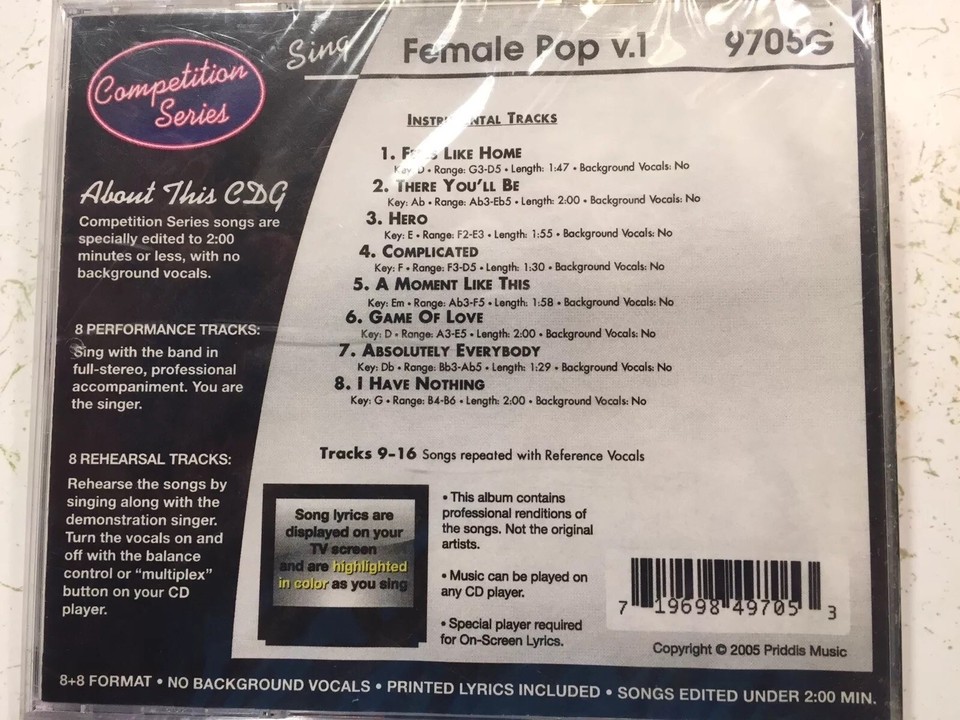 Priddis Competion Series KARAOKE CDG Female Pop Volume 1 9705G 8 Songs ...