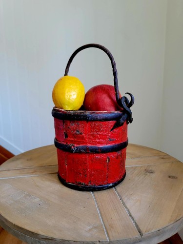 Antique Primitive Red Wooden Berry Pail Bucket with Hand Forged Iron ...
