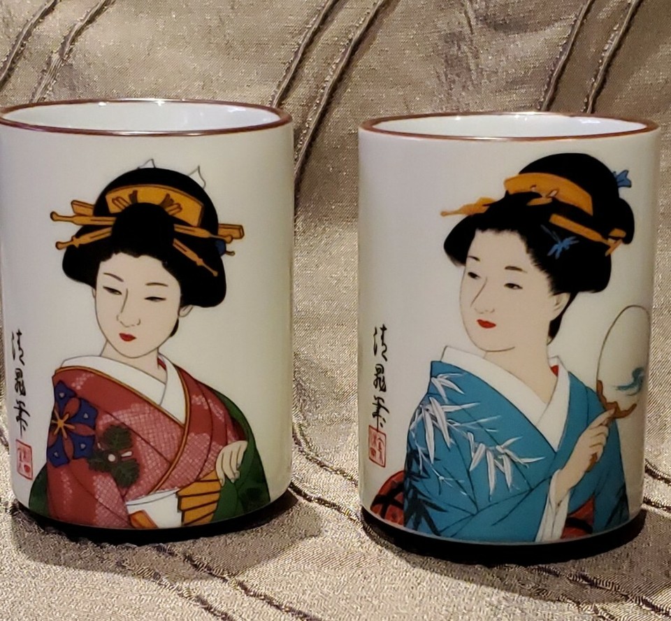 Hand Painted Japanese Geisha Tea Cups Ceramic Multicolor 2 Cup Set | eBay