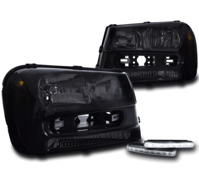 02-09 CHEVY TRAILBLAZER HEADLIGHTS LAMPS BLACK/SMOKE W/BUMPER DRL LED ...