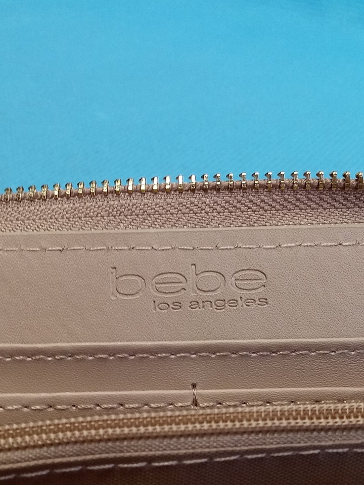 BEBE ZAZA WRISTLET RHINESTONE LOGO - ZIP AROUND WALLET - BEIGE | eBay