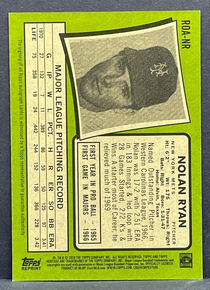 2020 Topps Heritage Baseball Real One Autographs #ROA-NR Nolan Ryan HOF ...