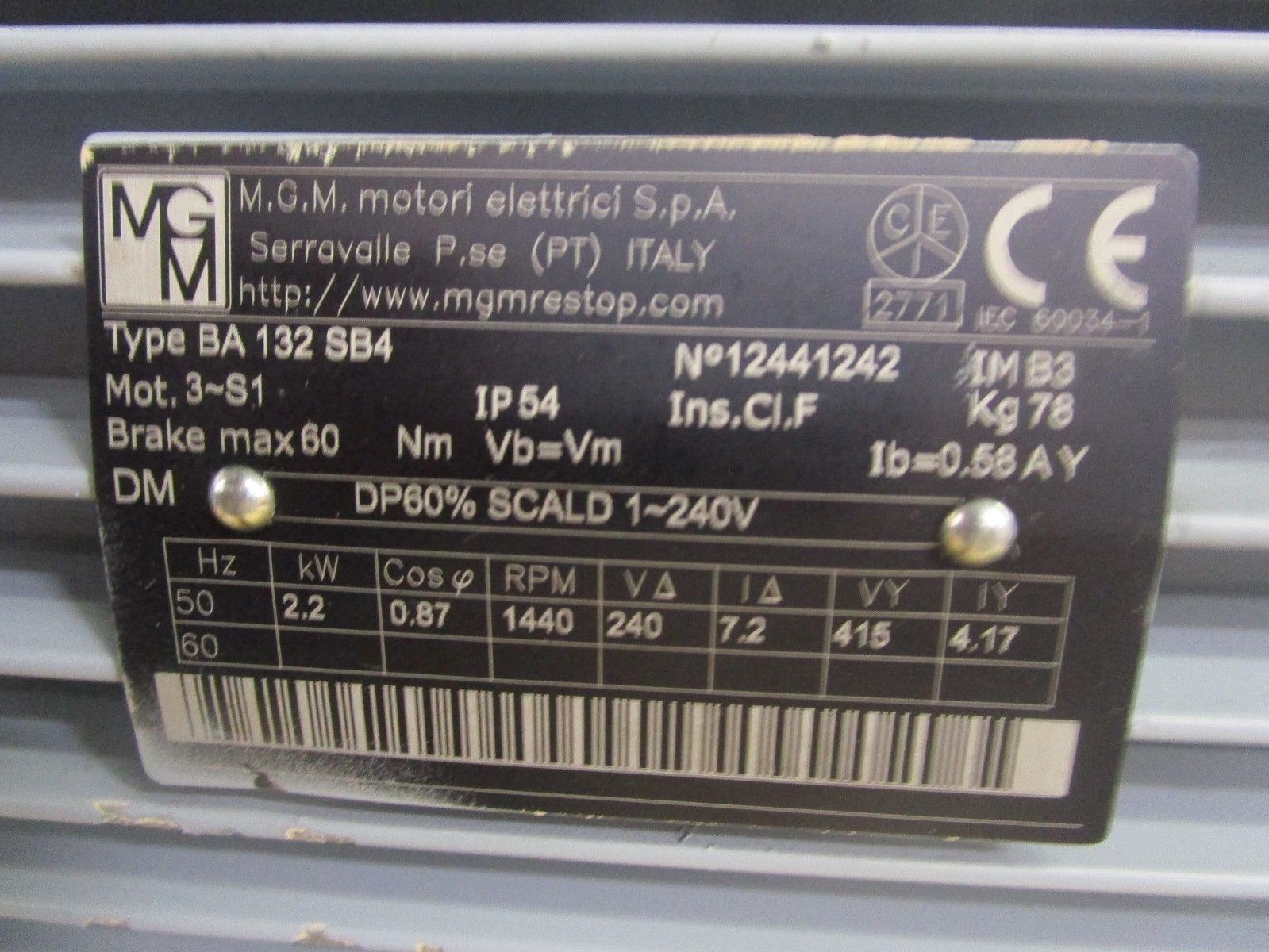 MGM BA 132 SB4 2.2KW ELECTRIC BRAKE MOTOR 240/415V 50Hz 1440RPM | eBay