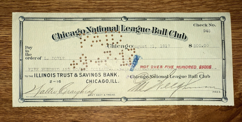 1917 Chicago Cubs, SIGNED Payroll Check: Larry Doyle - Died 1974 | eBay