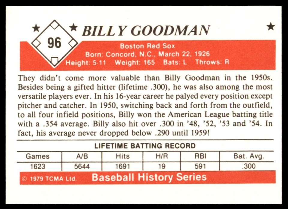 1979 TCMA Baseball History Series the 1950's Billy Goodman #96 | eBay