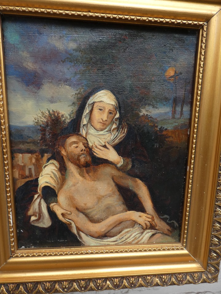 Antique French oil canvas pieta jesus painting religious | eBay UK