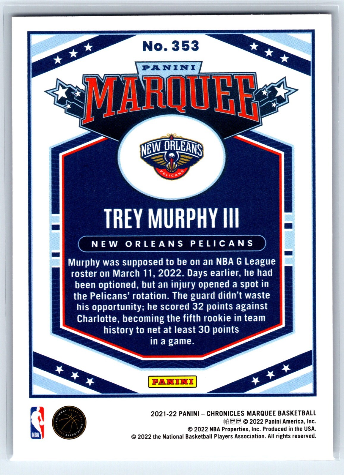 2021-22 Panini Chronicles - Marquee Trey Murphy III #353 Pink (RC) for ...