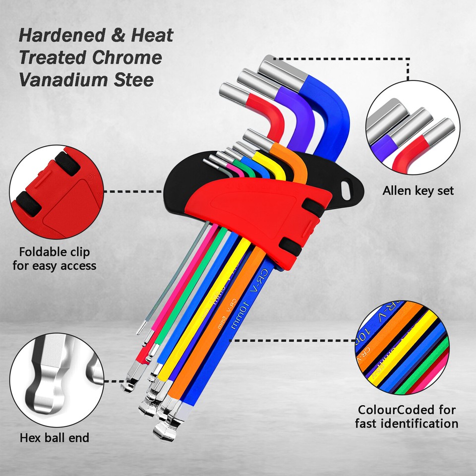 Ball End Allen Key Set Socket Metric Folding Hex Long Handle Alan Alen ...