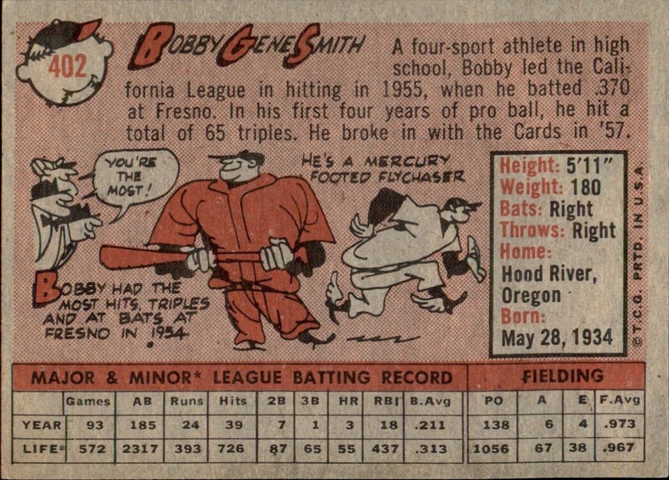 1958 Topps #402 Bobby Gene Smith ST. LOUIS CARDINALS EX-MT OC | eBay