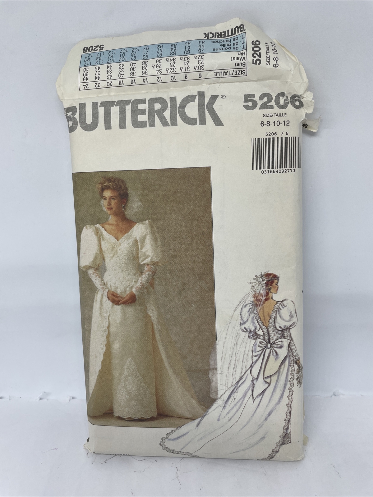 Butterick 5206 Bridal Wedding Dress Gown Lace Sewing Pattern 6-12 UNCUT ...