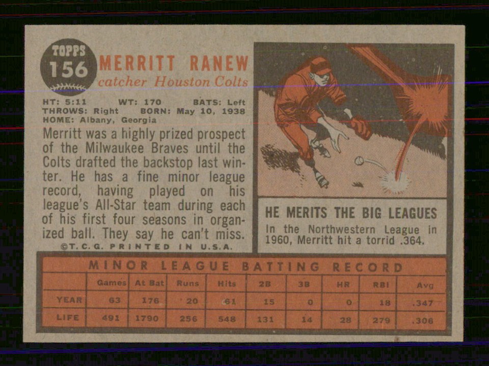 1962 TOPPS BASEBALL # 156 MERRITT RANEW J9786 | eBay