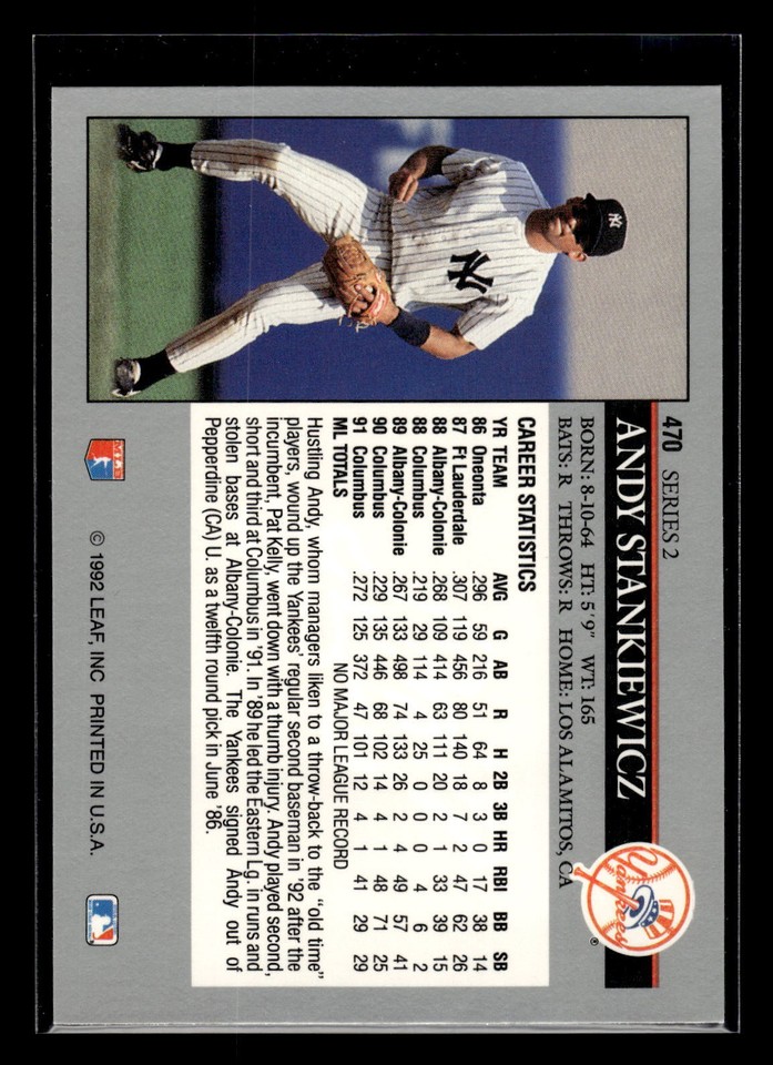 1992 Leaf Baseball #470a Andy Stankiewicz Rookie New York Yankees Mint+ ...