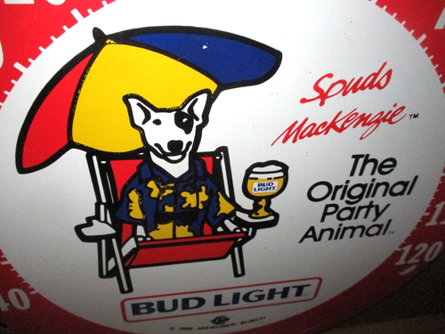 SPUDS MACKENZIE - Bud Light Beer PARTY ANIMAL 12" THERMOMETER FACE SIGN ...