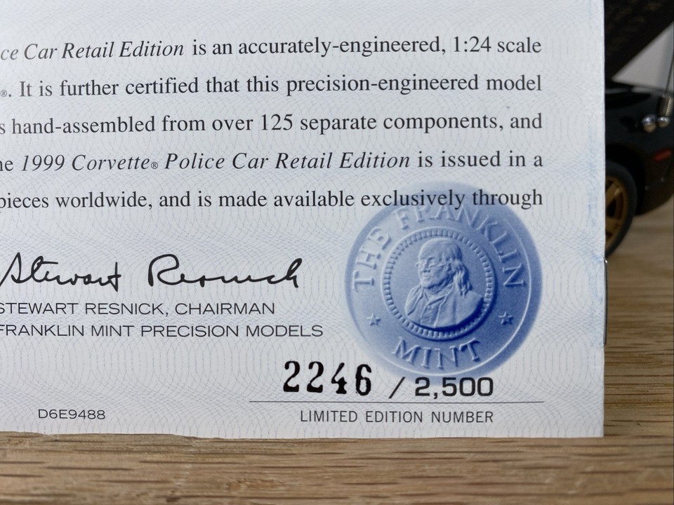 1/24 Franklin Mint 1998 Chevrolet Corvette C5 FOP Police Car 2500pc ...