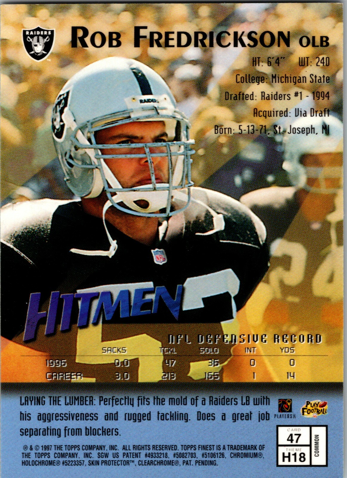 Rob Fredrickson Raiders 1997 Topps Finest Hitmen #47 | eBay